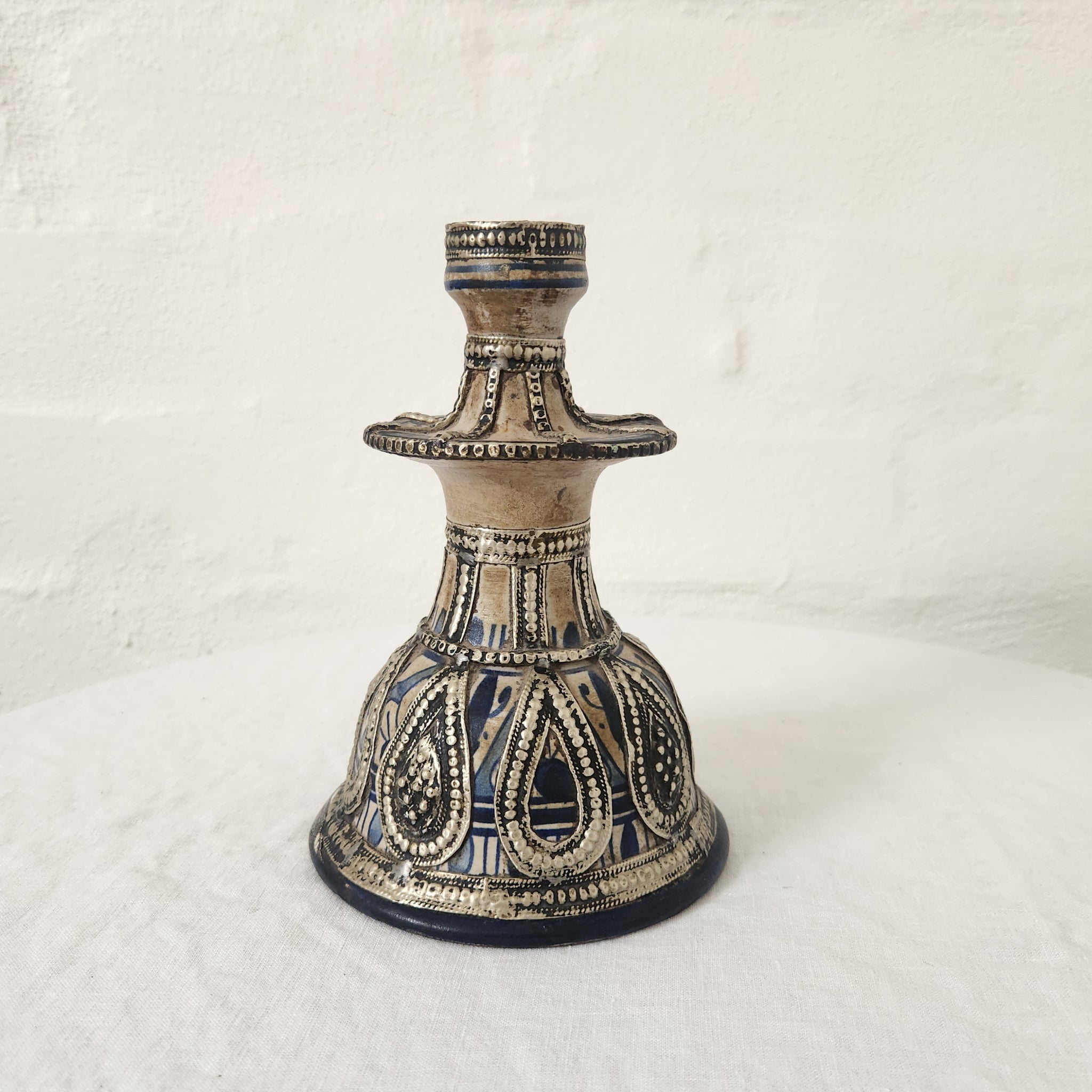 Antique Ceramic Candlestick with silver nickel filigree trim