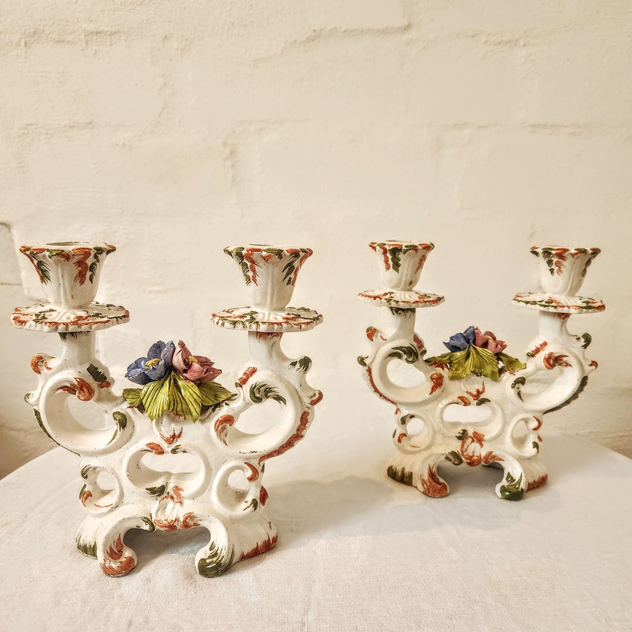 Vintage Italian Capodimonte Style Ceramic Candelabra Pair